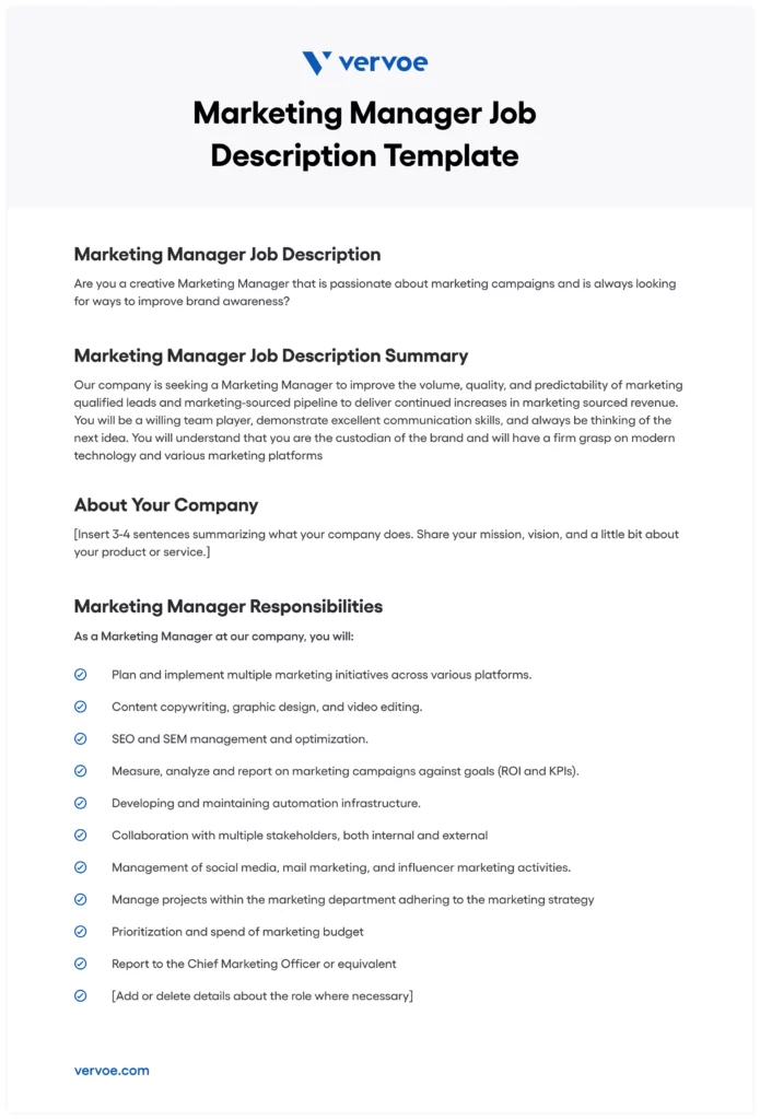 Marketing Manager Job Description Sample Free PDF Vervoe